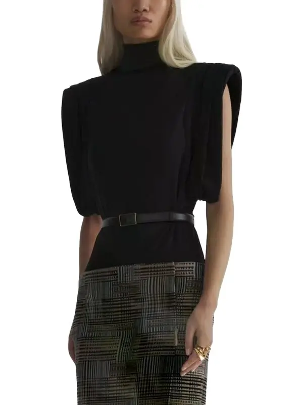MUGLER Draped Funnel Neck Jersey Top With Padded Shoulders - Black