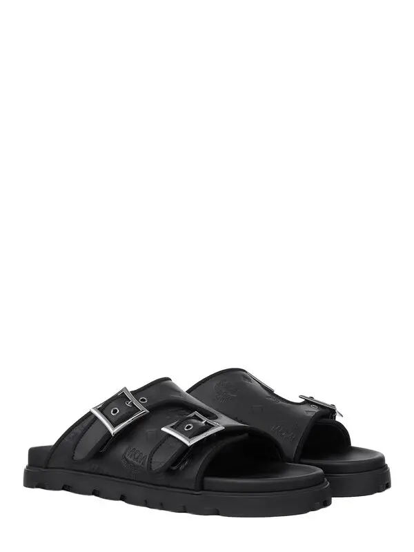Mcm Embossed Monogram Leather Sandals With Buckle Detail - Black
