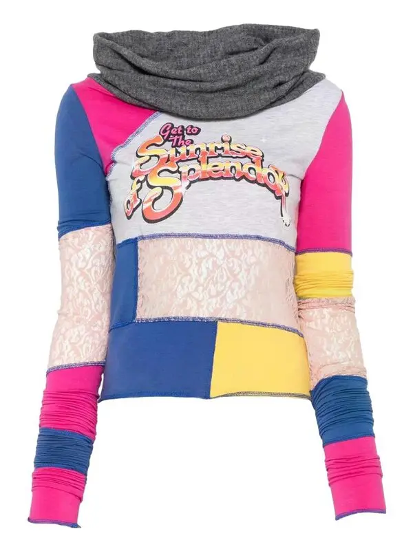 Dolce & Gabbana Patchwork Cowl Neck Long Sleeve Top - Pink