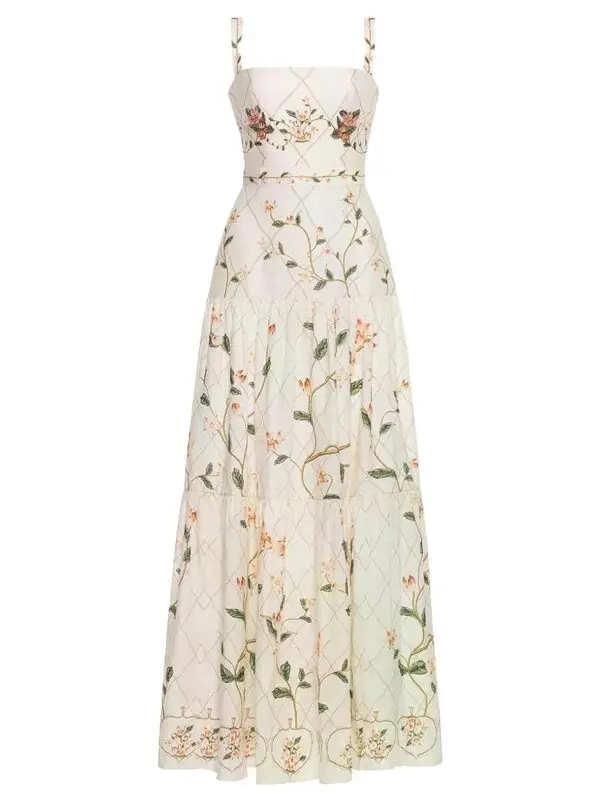 Agua Bendita Lima Navegante Embroidered Tiered Maxi Dress - Neutrals