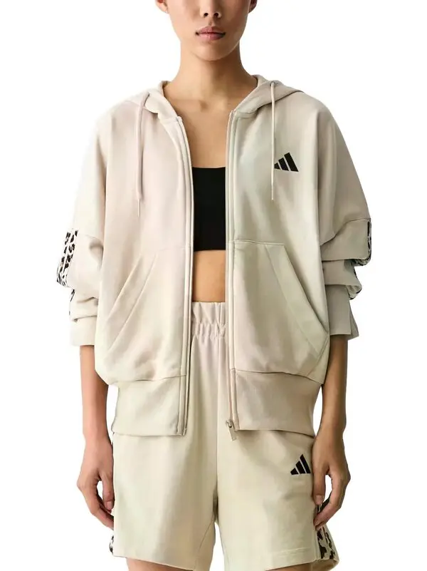 Adidas Seasonal Essentials Animal Print 3-stripes Full-zip Hooded Track Top - Neutrals