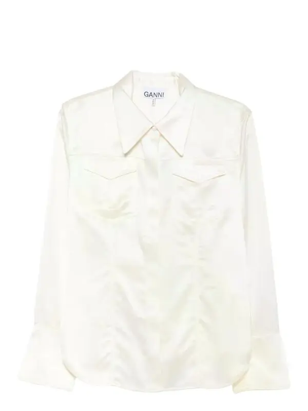 GANNI Satin Finish Button-up Shirt With Flap Pockets - White