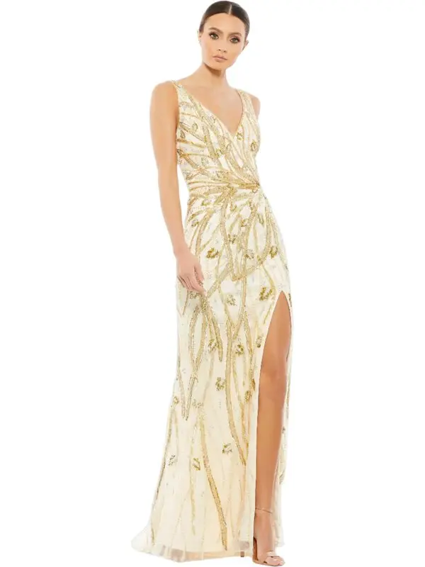 Mac Duggal Embellished Sleeveless V-neck Gown With Thigh-high Slit - Nude