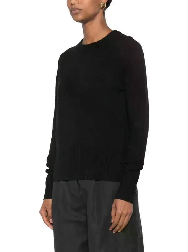 Soft Goat Ribbed Trim Fine Knit Sweater - Black