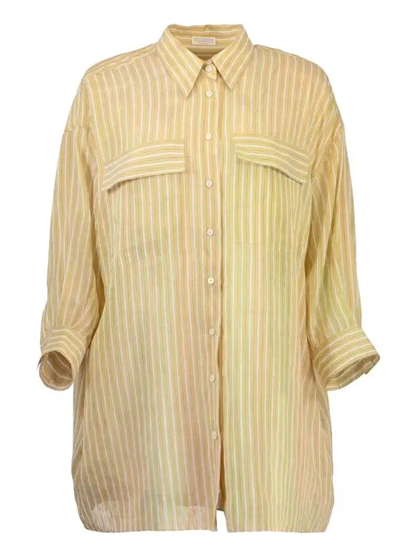 Brunello Cucinelli Striped Shirt With Flap Pockets - Yellow