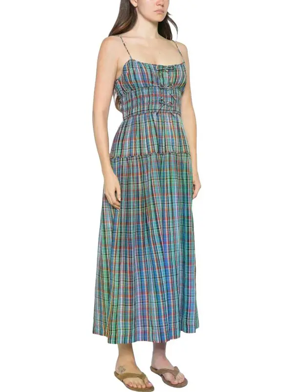 DÔEN Brielle Shirred Plaid Maxi Dress - Blue
