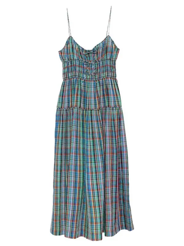 DÔEN Brielle Shirred Plaid Maxi Dress - Blue