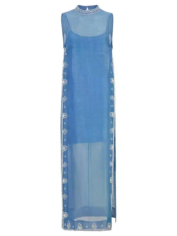 ALEMAIS Yasmeen Beaded High Neck Midi Dress - Blue