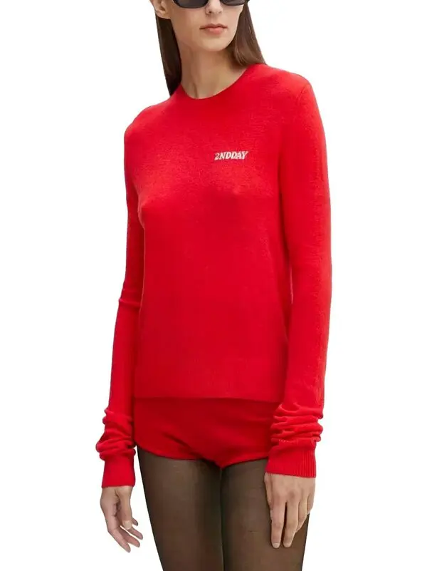 2ND DAY Embroidered Logo Fine Knit Sweater - Red