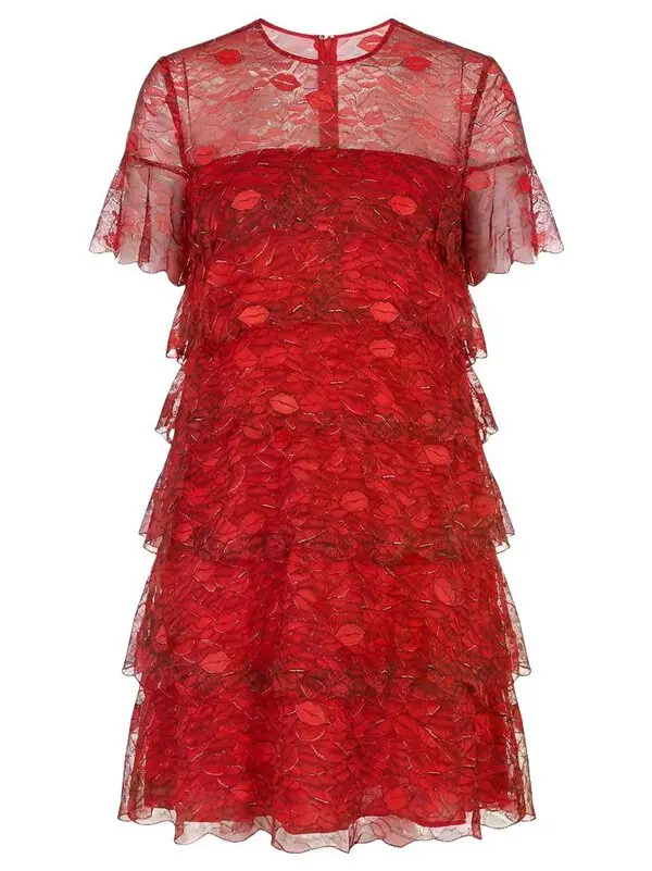 Valentino Garavani Lips Pattern Tiered Dress - Red