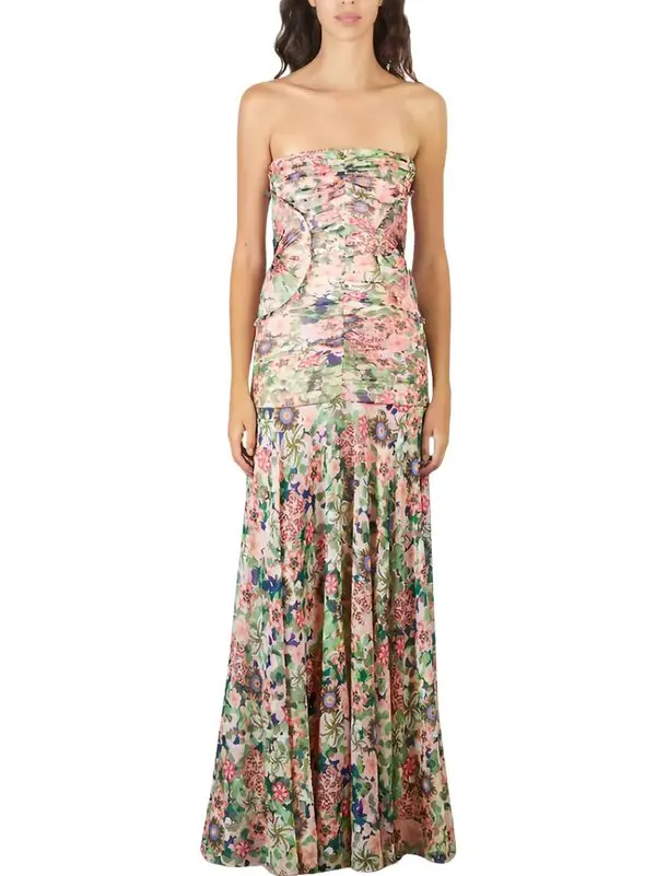 Saloni Kristie Floral Print Strapless Maxi Dress - Pink