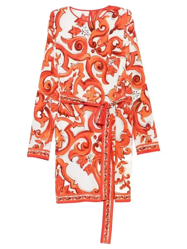 Dolce & Gabbana Baroque Print Belted Mini Dress - White