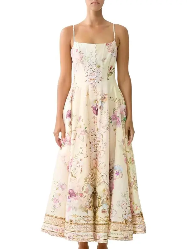 Camilla Adorned In Aranjuez Floral-print Corset Maxi Dress - Pink