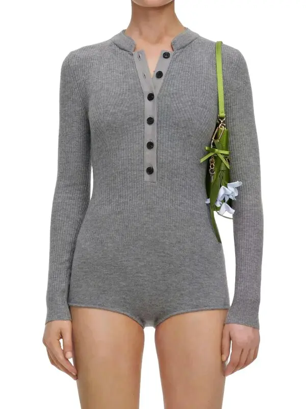 SELF-PORTRAIT Ribbed Knit Button Front Playsuit - Grey