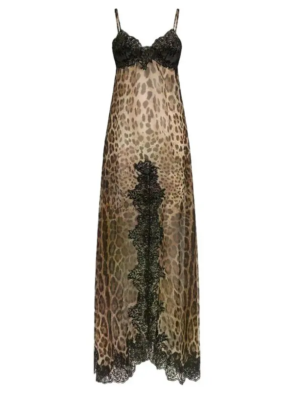 Dolce & Gabbana Leopard Print Chiffon Maxi Slip Dress With Lace Embellishments - Neutrals