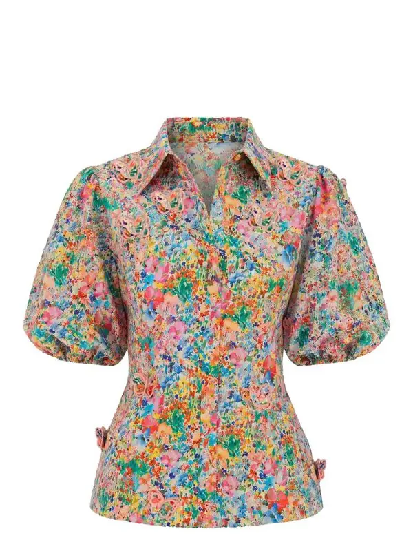 Farm Rio Butterfly Appliqué Floral Print Puff Sleeve Blouse - Neutrals