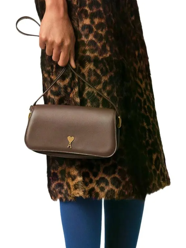 AMI Paris Cowhide Leather Shoulder Bag With De Coeur Stud - Brown