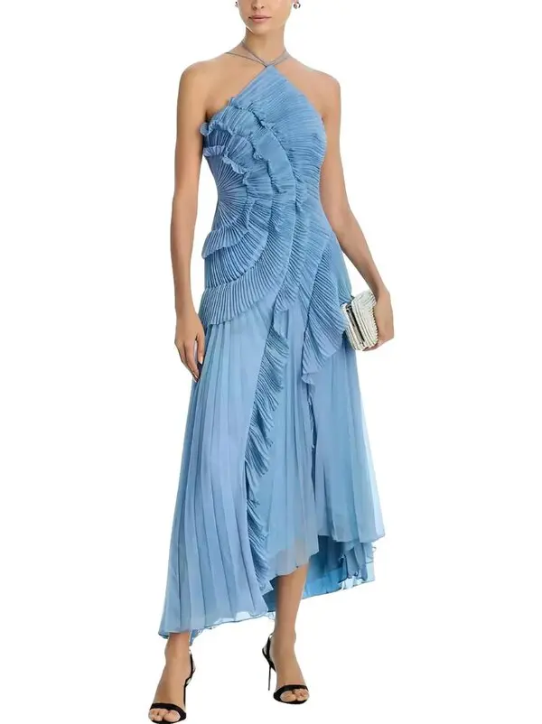 AMUR Lorelei Asymmetrical Pleated Ruffled Halterneck Dress - Blue