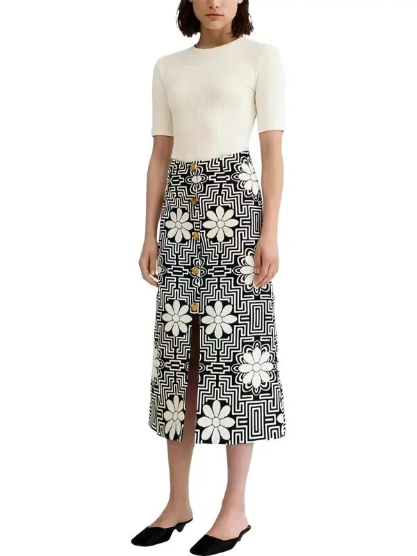 Smythe Floral Print A-line Midi Skirt - Black