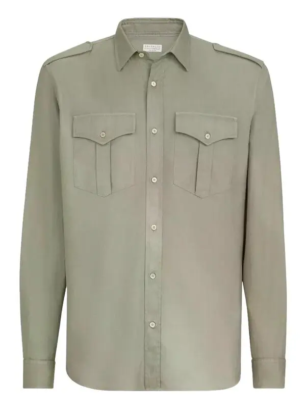Brunello Cucinelli Garment-dyed Shirt In Cotton Chevron With Spread Collar, Epaulettes And Chest Pockets - Green