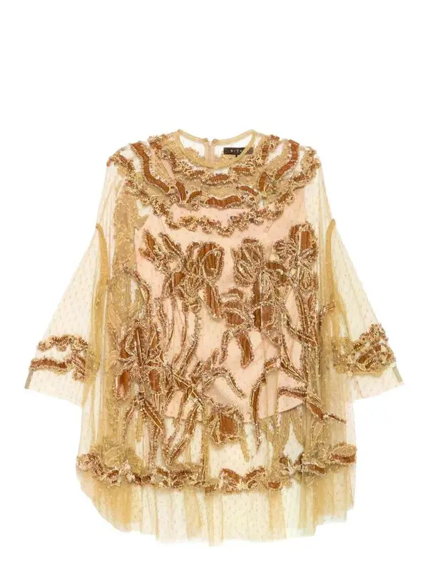 Biyan Embellished Floral Appliqué Sheer Top - Neutrals
