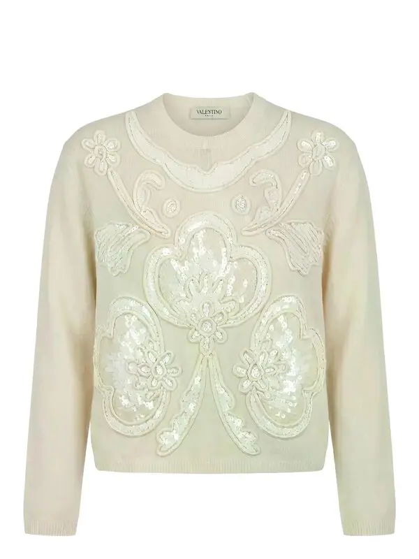 Valentino Garavani Sequin-embellished Floral-patch Crew Neck Sweater - Neutrals