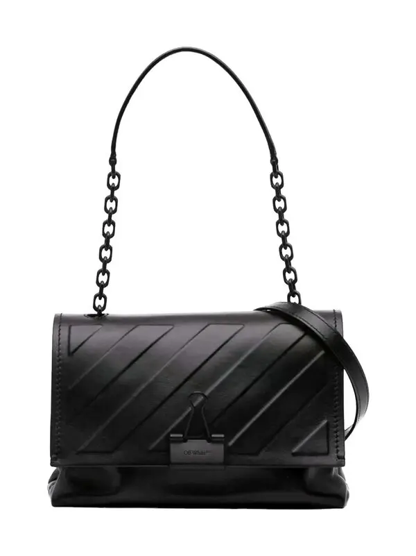 Off-White Embossed Leather Diag Binder Clip Flap Satchel - Black
