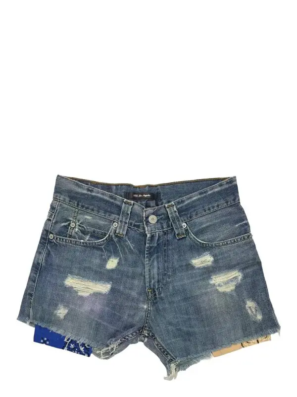 HTC LOS ANGELES Distressed Bandana-insert Denim Shorts - Blue