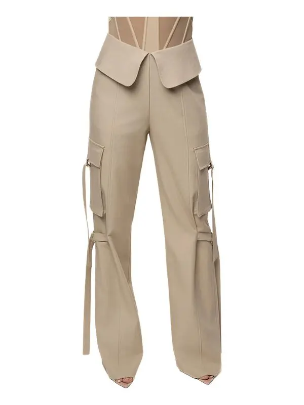 JLUXLABEL Downtown Cargo Pant Wide Leg, Cargo Pockets With Metallic Accents - Stone