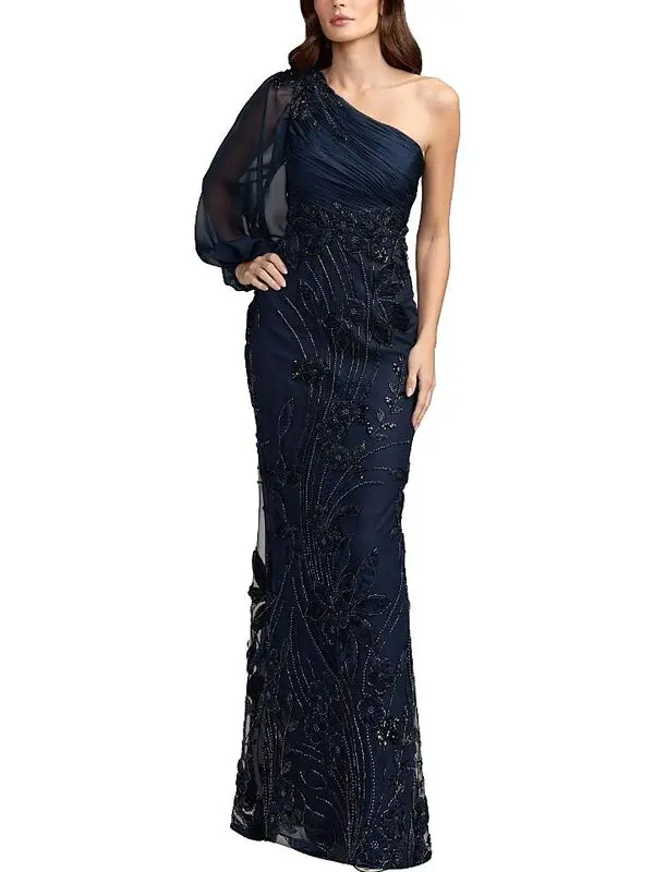 Mac Duggal Petite One Sleeve Embellished Gown - Navy