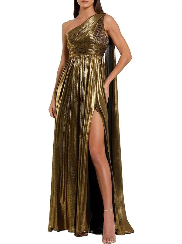 Mac Duggal One Shoulder Metallic Stretch Gown With Draped Sash And Slit - Gold