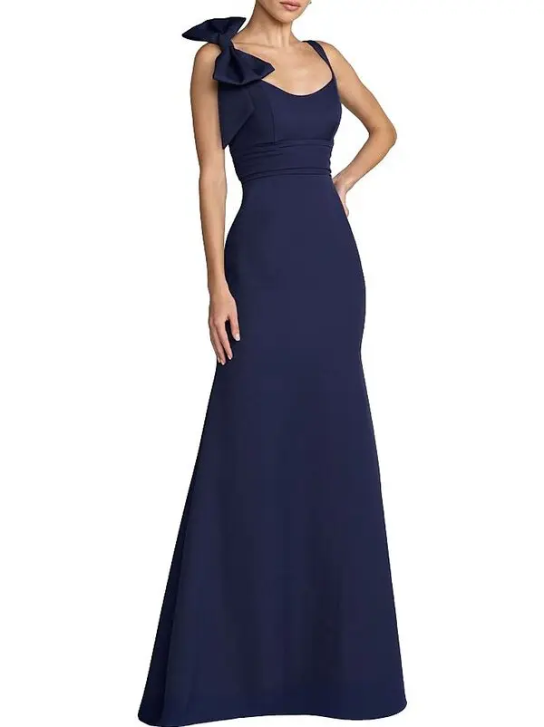 Mac Duggal Petite Scoop Neck Trumpet Gown With Bow Detail - Navy
