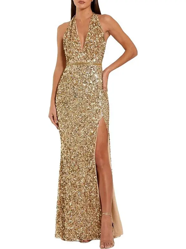 Mac Duggal Sequined Halter Thigh-high Slit Gown - Gold