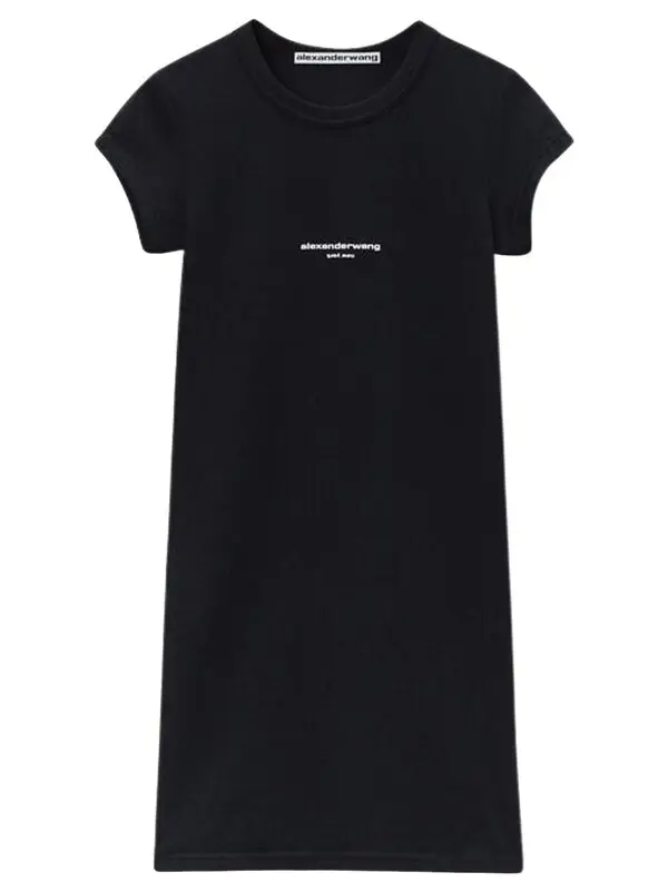 Alexander Wang Logo Print Fitted Short Sleeve Mini Dress - Black