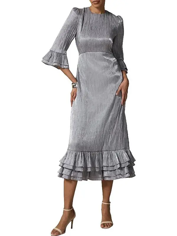 Mint Velvet Metallic Ruffle Sleeve Midi Dress - Silver