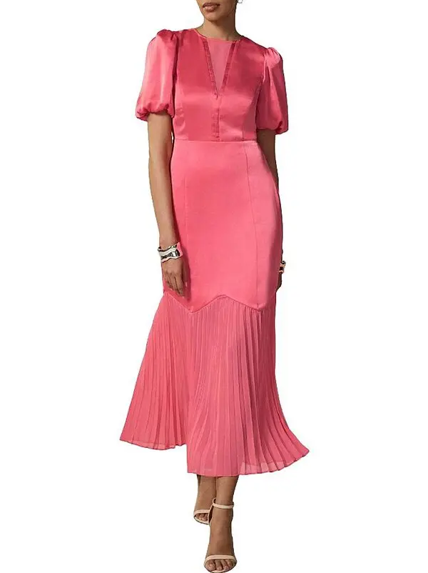 Mint Velvet Satin Pleated Maxi Dress - Pink