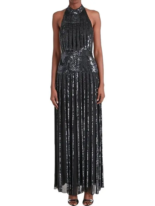 TEMPERLEY LONDON Filigree Sequin Halterneck Maxi Dress - Black