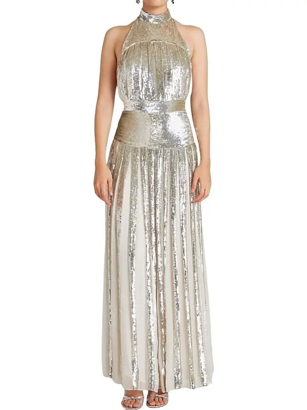 TEMPERLEY LONDON Filigree Sequin Halterneck Maxi Dress - Silver