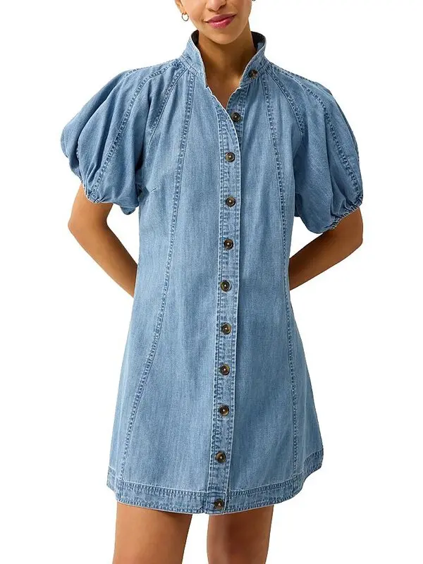 MARIE OLIVER Esther Denim Dress With Puff Sleeves - Lightwash