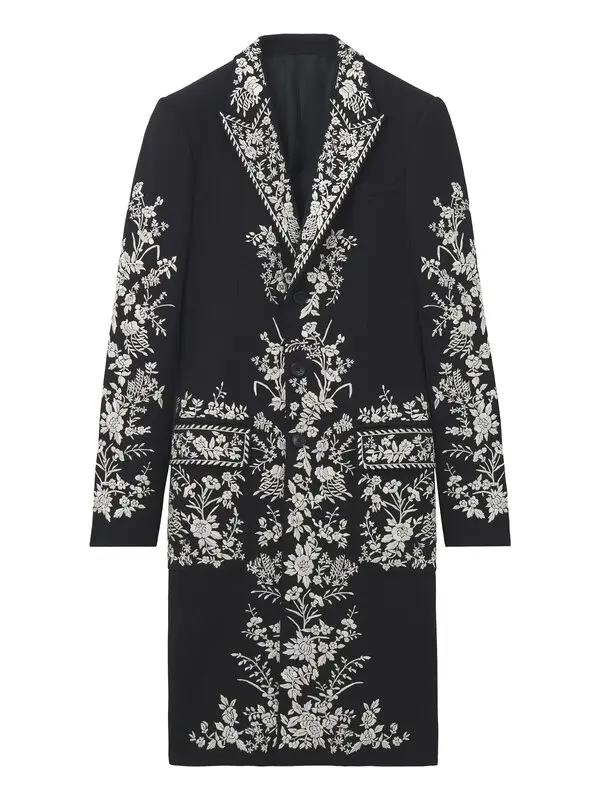 Alexander McQueen Floral Embroidery Long Coat - Black