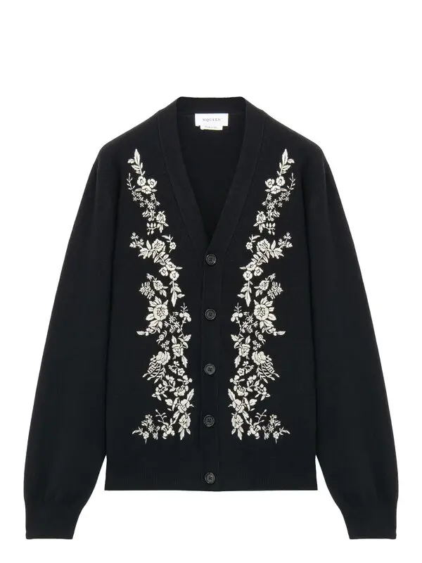 Alexander McQueen Floral Embroidered V-neck Cardigan - Black/ivory
