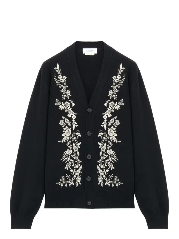 Alexander McQueen Floral Embroidered V-neck Cardigan - Black/ivory