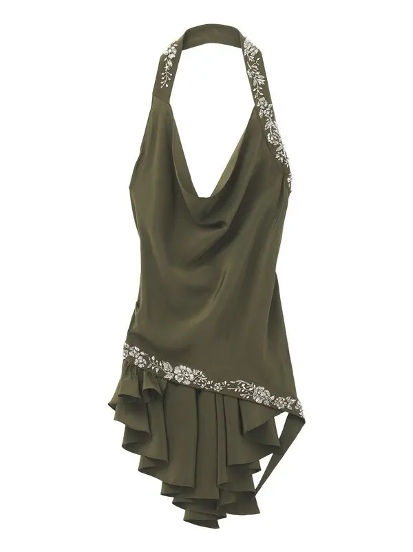 Alexander McQueen Asymmetric Floral Embroidery Halter Top - Green