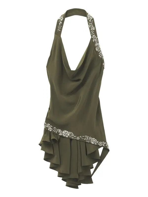 Alexander McQueen Asymmetric Floral Embroidery Halter Top - Green