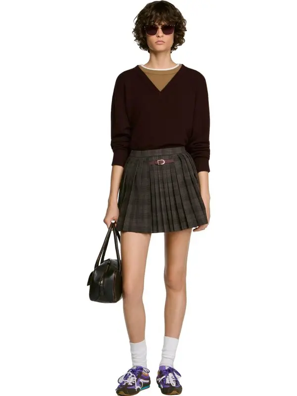 Sandro Checked Pleated Mini Skirt With Leather Detail - Dark Grey