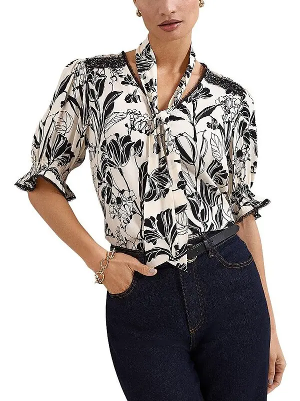 PHASE EIGHT Aisra Lace Trim Printed Blouse - Black/ivory