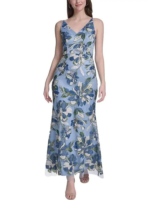Eliza J V-neck Mermaid Gown With Floral Print And Embellishments - Blue Multi