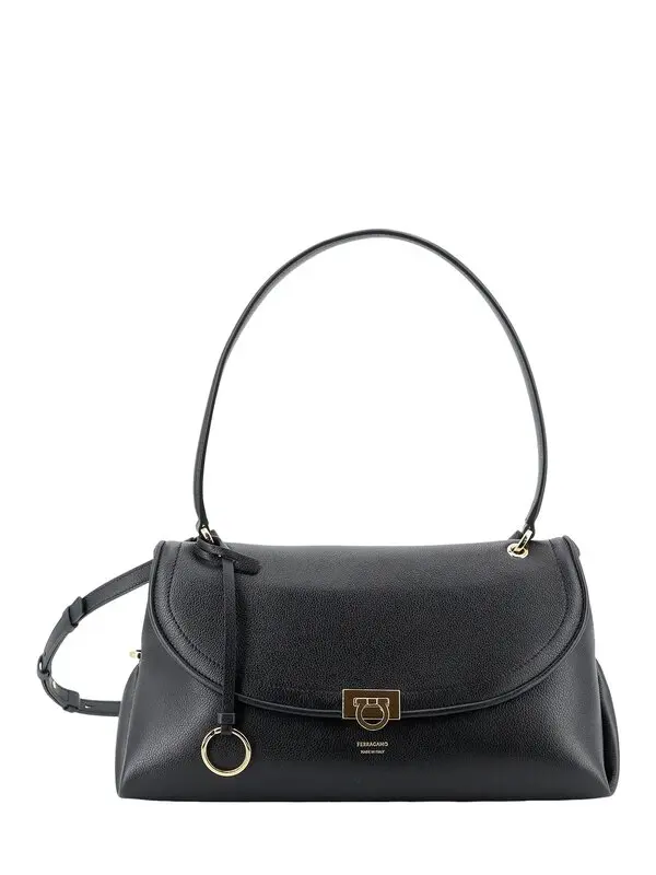 FERRAGAMO Leather Shoulder Bag With Gancini Detail - Black