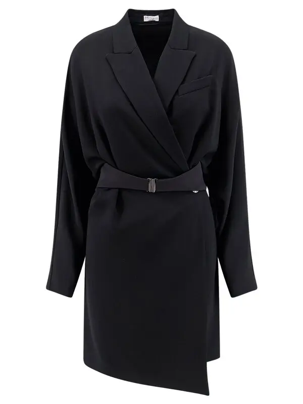 Brunello Cucinelli Chemisier Dress With Tuxedo-style Band - Black