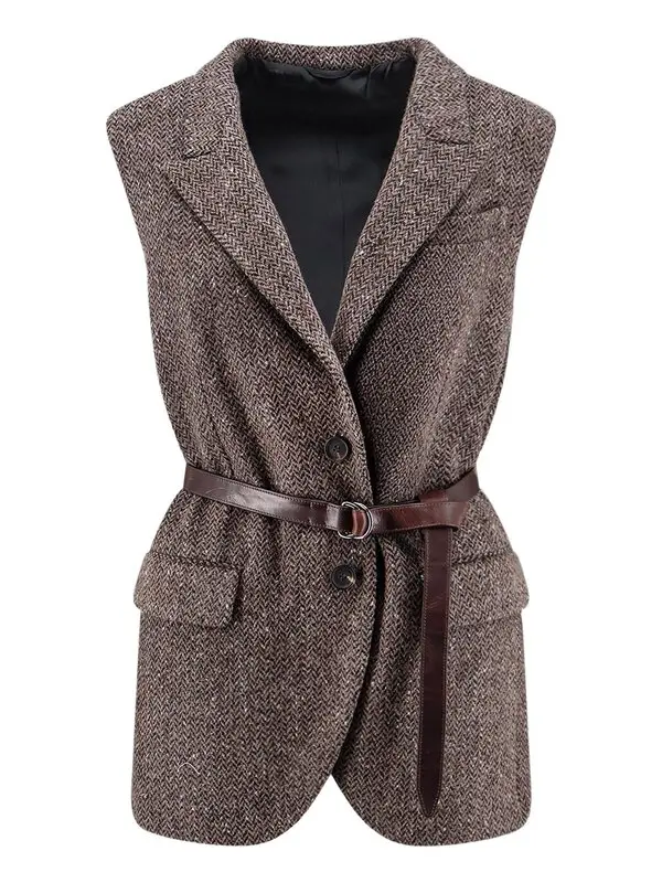 Brunello Cucinelli Sleeveless Blazer With Belt - Brown